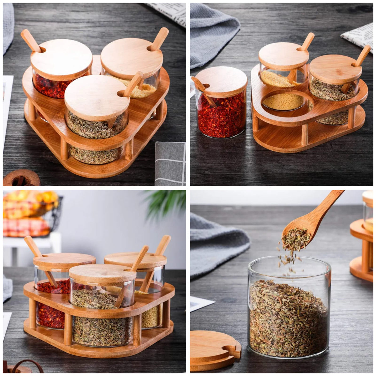 Glass Spice Containers with Bamboo Holder – 3pcs Set – iDecorator