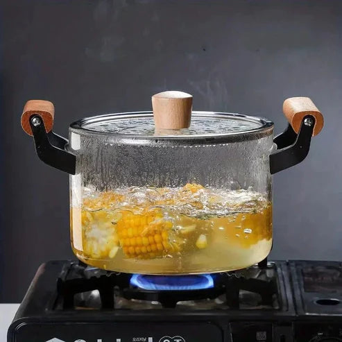Glass Heat resistant pot with wooden handle – iDecorator